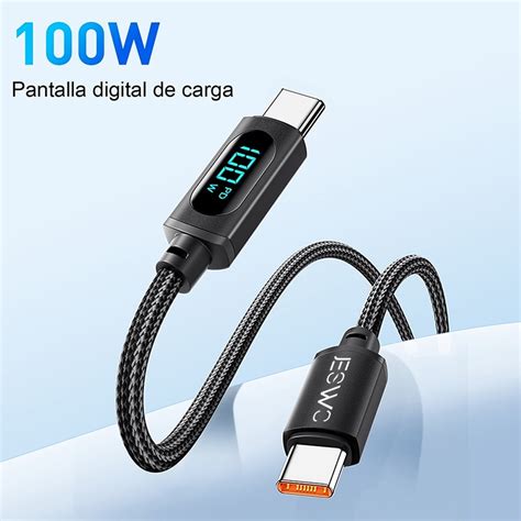 Usb C кабел Jeswo Бързо зареждане Led дисплей 100 W 2м Черен Emag Bg