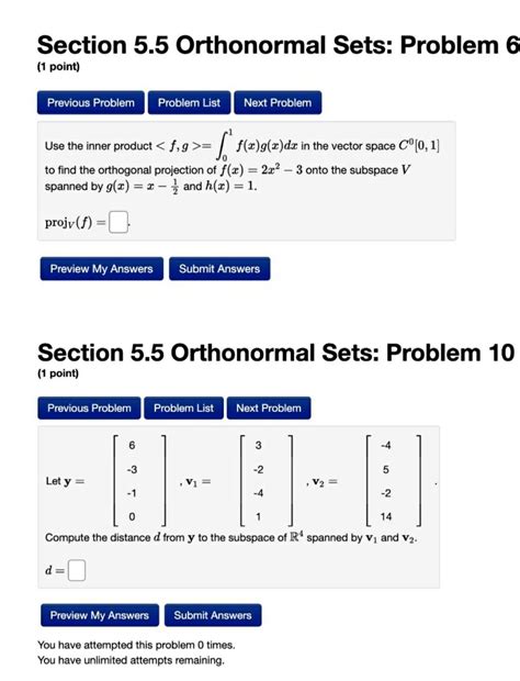 Solved Section 5 5 Orthonormal Sets Problem 6 1 Point