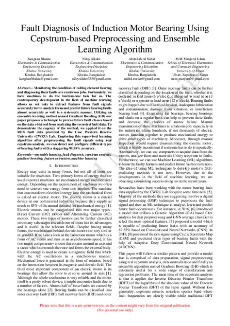 Pdf Fault Diagnosis Of Induction Motor Bearing Using Cepstrum Based Preprocessing And Ensemble