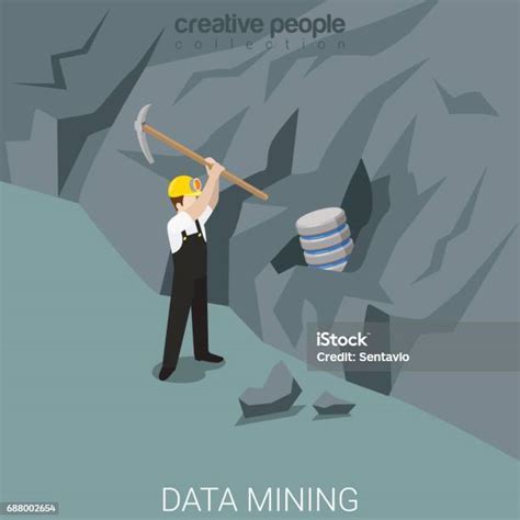 데이터 광부 평면 3d 아이소메트리 Isometric 기술 마이닝 개념 웹 벡터 일러스트 레이 션 스토리지 서버에 대 한 작업자 따기 락 내 크리에이 티브 사람들이