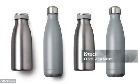 흰색 위에 격리된 빈 회색 및 은색 금속 플라스크 병 포장 또는 브랜딩 모형 그림자가 있거나 없는 평면 배치 평면도 단열 음료 용기에 대한 스톡 사진 및 기타 이미지