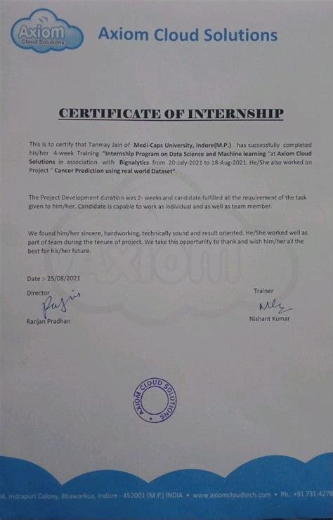 Tanmay Jain On Linkedin Experience Share Internship Machinelearning Datascience