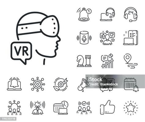 증강 현실 라인 아이콘입니다 Vr 시뮬레이션 기호입니다 헤드셋 안경 위치 기술 및 스마트 스피커를 배치하십시오 벡터 360도
