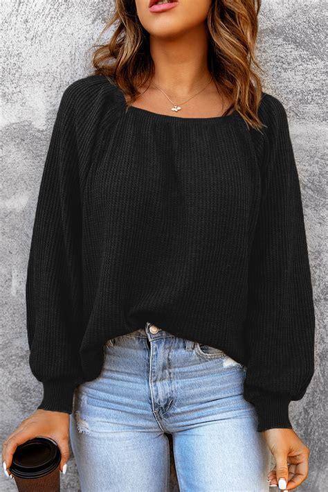 Uvomade Versatile Square Neck Waffle Knit Top Puff Sleeves Style