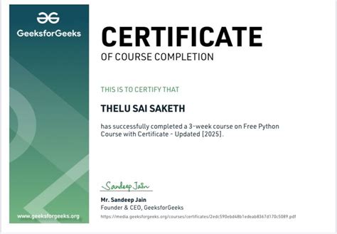 Python Geeksforgeeks Learningneverstops Programming Certificate Linkedinlearning