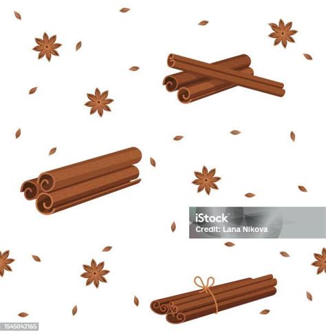 계 피 계피 스틱 나무 껍질과 원활한 패턴 포장용 섬유 인쇄물 템플릿 카드 벡터 그림 계피에 대한 스톡 벡터 아트 및 기타