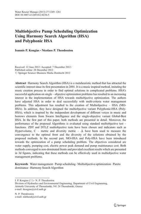 PDF Multiobjective Pump Scheduling Optimization Using Harmony Search
