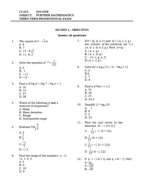 Ss1 Third Term Fmaths Exam 2024 Pdf Algebra Mathematical Objects