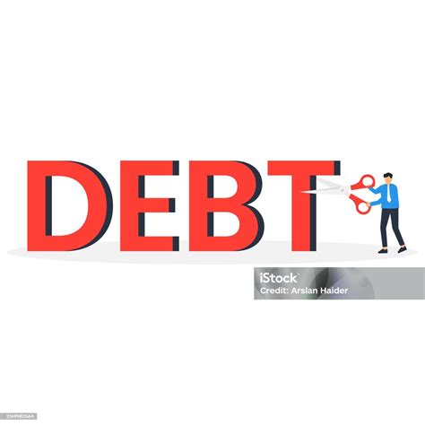 경제 위기 또는 부채 감축을 위한 재정 계획에서 부채 삭감 및 정부 정책 사업가 재정 고문 또는 회사원이 가위를 사용하여 부채 개념을 자르고 감소에 대한 스톡 벡터 아트 및