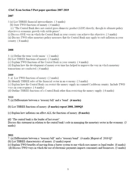 Csec Econ Section 5 Past Paper Questions Pdf Money Central Banks