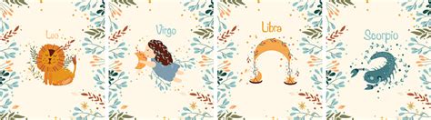 조디악 처녀 자리 전갈 자리 레오 나뭇잎 화려한 꽃과 별이있는 천칭 자리 점성술 조디악 표지판을 포스터 로고 카드에 완벽하게