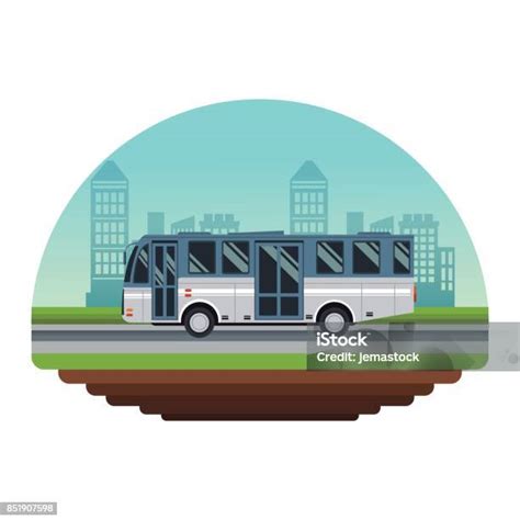 흰색 배경 색상 장면 도시 풍경과 버스 차량 전송 거리에 원형 불규칙 한 프레임 Publicity Event에 대한 스톡 벡터