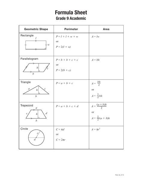 Grade 9 Geometry Formula Sheet Academic Download Printable Pdf