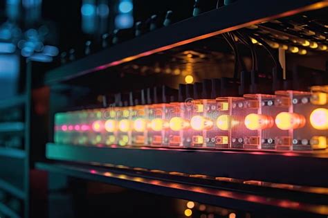 Close Up Of Storage Data Center Server Rack With Blinking Lights And Cables Stock Illustration