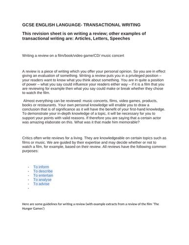 English Language Revision Directed Writing Guidance On Writing A Review Teaching Resources