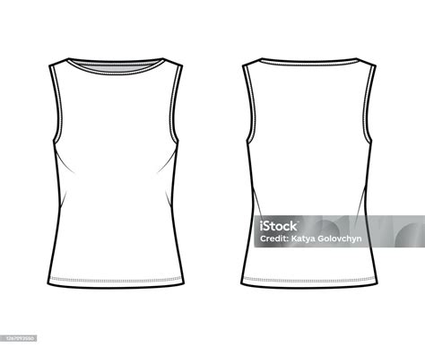 릴렉스 핏 하이 네크라인 길쭉한 밑단 민소매가 있는 코튼 저지 탱크 테크니컬 패션 일러스트 플랫 셔츠 0명에 대한 스톡 벡터 아트 및 기타 이미지 Istock