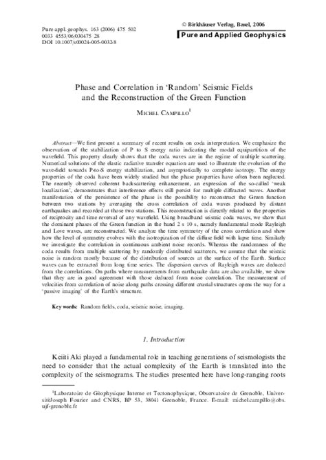 Pdf Phase And Correlation In `random Seismic Fields And The