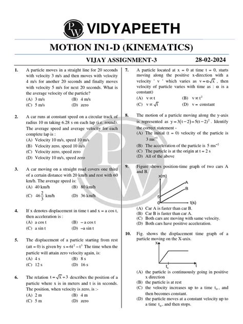 Motion In 1 D Kinematics Home Assignment Pdf Velocity