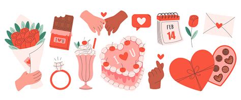 발렌타인 데이 스티커 세트 요괴 케이크 하트 연애 편지 선물 꽃 꽃다발 반지 초콜릿 바 사랑 제스처 플랫 스타일의 벡터 일러스트 레이 션 공휴일에 대한 스톡 벡터 아트 및
