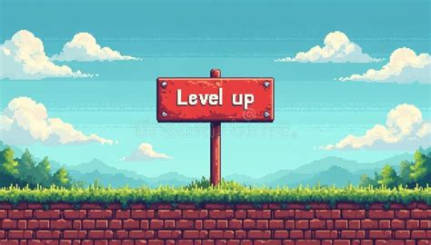 Pixel Art Level Up Sign On Grassy Platform With Brick Base Blue Sky