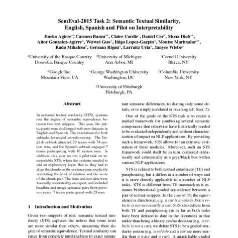 Semeval 2015 Task 2 Semantic Textual Similarity English Spanish And Pilot On Interpretability