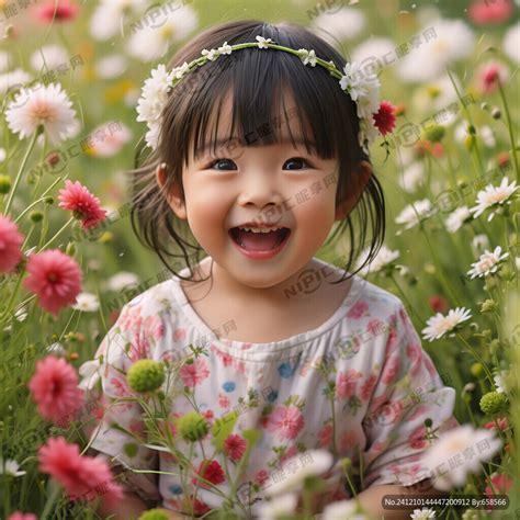 Ai创作图露出大半身的可爱的小女孩 头带白色小花花环 在一片小花花海里开心的笑着 女孩在屏幕的三分之一处 昵图网