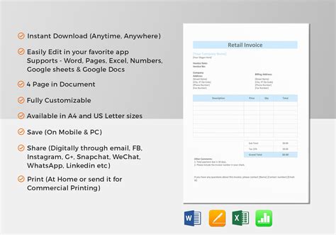 Retail Invoice Template In Word Excel Apple Pages Numbers