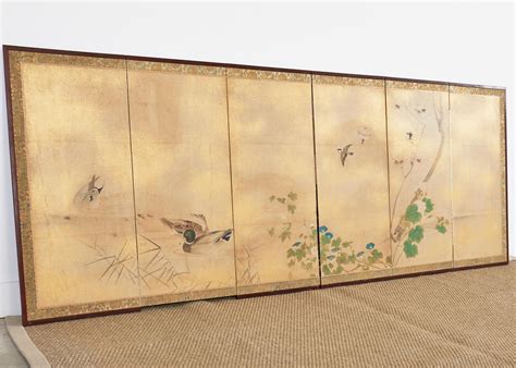 Japanese Meiji Period Six Panel Screen Ducks In Water Landscape For