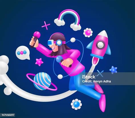 가상 현실 3d 벡터 여자 들고 게임 콘솔 컨트롤러 로켓과 행성 장식 3차원 형태에 대한 스톡 벡터 아트 및 기타 이미지 3차원 형태 Brand Name Video