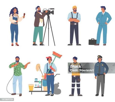 다른 직업과 직업의 사람들 제복을 입은 노동자 만화 캐릭터 세트 플랫 벡터 일러스트레이션 일러스트레이션에 대한 스톡 벡터 아트