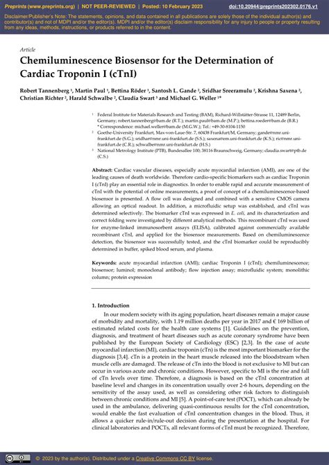 Pdf Chemiluminescence Biosensor For The Determination Of Cardiac Troponin I Ctni