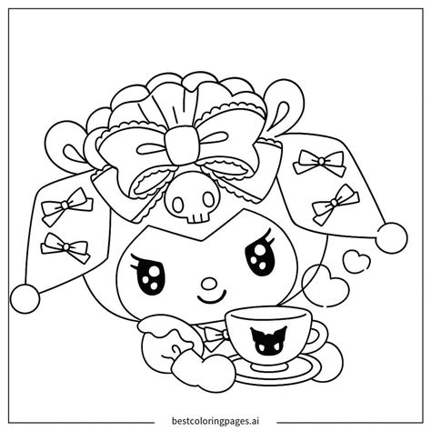 Kuromi Enjoying A Tea Party Coloring Page Free Printable Bestcoloringpages Ai