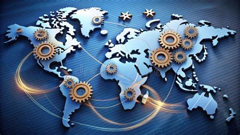 Global Interconnectivity A World Map With Interlocking Gears Showing International Collaboration