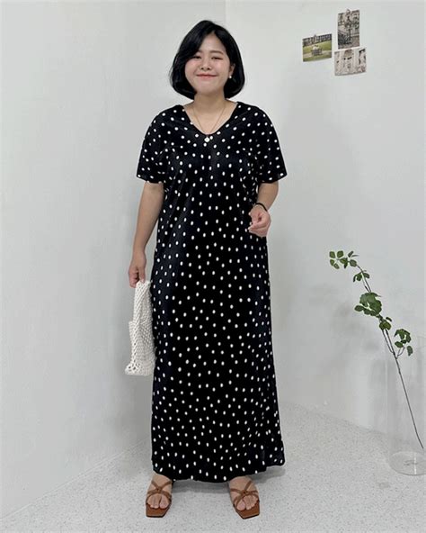 도트 브이 원피스 여름 땡땡이 브이넥 나그랑 반팔 롱 맥시 H라인 젊줌마 빅사이즈 66 77 등하원룩 2color