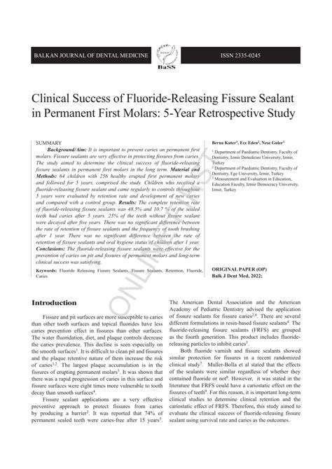 Pdf Clinical Success Of Fluoride Releasing Fissure Sealant In Permanent First Molars 5 Year