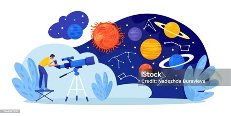천문학 천문 관측 망원경을 통해 은하를 연구하는 남자는 행성 우주를 탐험합니다 유성을 보는 사람 별자리 천체로 하늘을 관찰하는 천문학자 관측소에 대한 스톡 벡터 아트 및