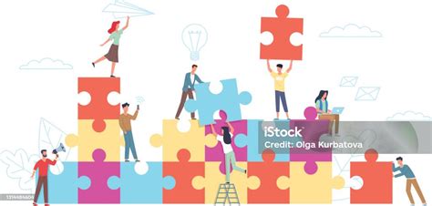 퍼즐 팀워크 큰 퍼즐 조각 동료 협력 공동 비즈니스에서 협력 을 작업하는 작은 사람들 회사 팀 빌딩 시작 프로젝트 벡터 만화