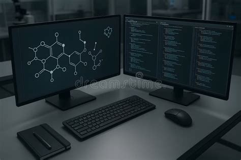 A Desk Setup Features Two Computer Monitors Displaying Both Chemical Diagrams And Programming