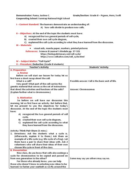 Cell Cycle Lesson Plan Pdf Mitosis Cell Growth