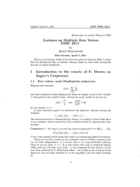 Waldschmidt M Lectures On Multiple Zeta Values Insc 2011 Pdf