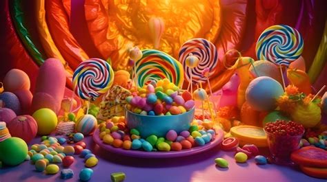 Premium Ai Image A Colorful Candy Table With A Plate Of Candy And A Bowl Of Candy