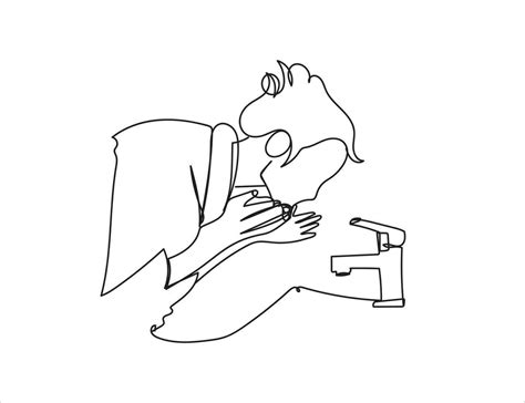 A Woman Washing Her Face With Water Bathroom Continuous Line Drawing
