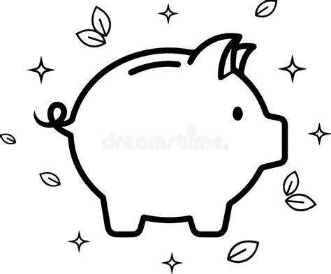 Piggy Bank Outline Silhouette Black And White Line Art With Leaves