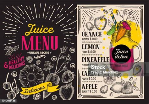 레스토랑 카페에 대 한 주스 스무디 메뉴입니다 칠판 배경 벡터 음료 플라이어입니다 빈티지 그린 삽화와 함께 서식 파일을 디자인 합니다 고풍스런에 대한 스톡 벡터 아트 및
