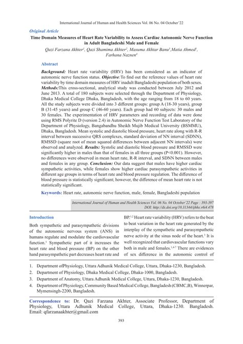 Pdf Time Domain Measures Of Heart Rate Variability To Assess Cardiac Autonomic Nerve Function