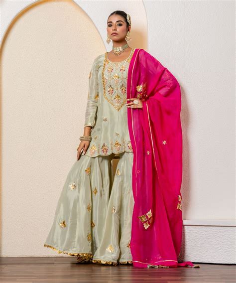 Pista Green Pure Spun Silk Embroidered Sharara Set Yuvrani Jaipur 4534395 In 2025 Sharara