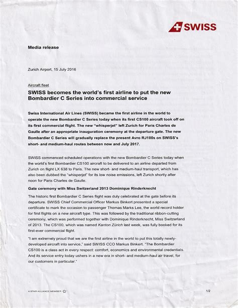 Swiss Air First Bombardier C Series Media Release July 2016 The Airchive 20