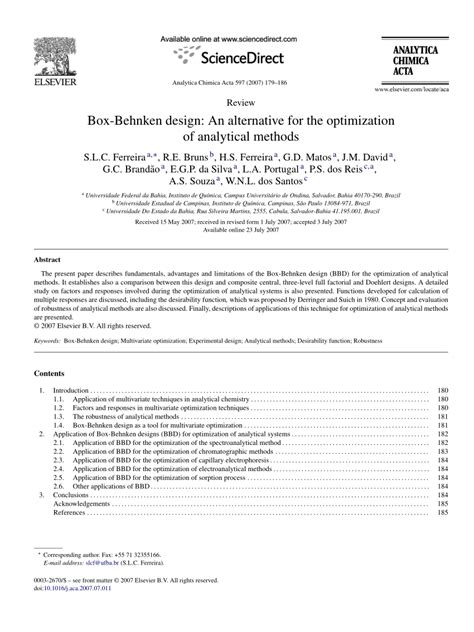 Pdf Box Behnken Design An Alternative For The Optimization Of