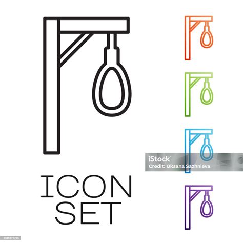 흰색 배경에 격리 된 검은 줄 교수로프 루프 매달려 아이콘 로프는 누스에 묶여 자살 교수형 또는 린칭 다채로운 아이콘을 설정합니다 벡터 개념에 대한 스톡 벡터 아트 및 기타