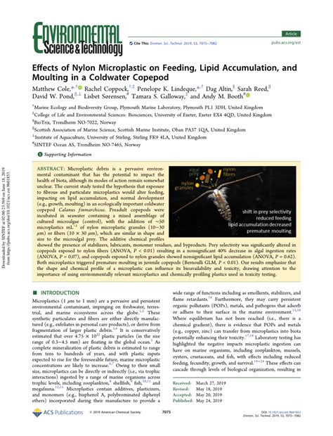 Pdf Effects Of Nylon Microplastic On Feeding Lipid Accumulation And Moulting In A Coldwater